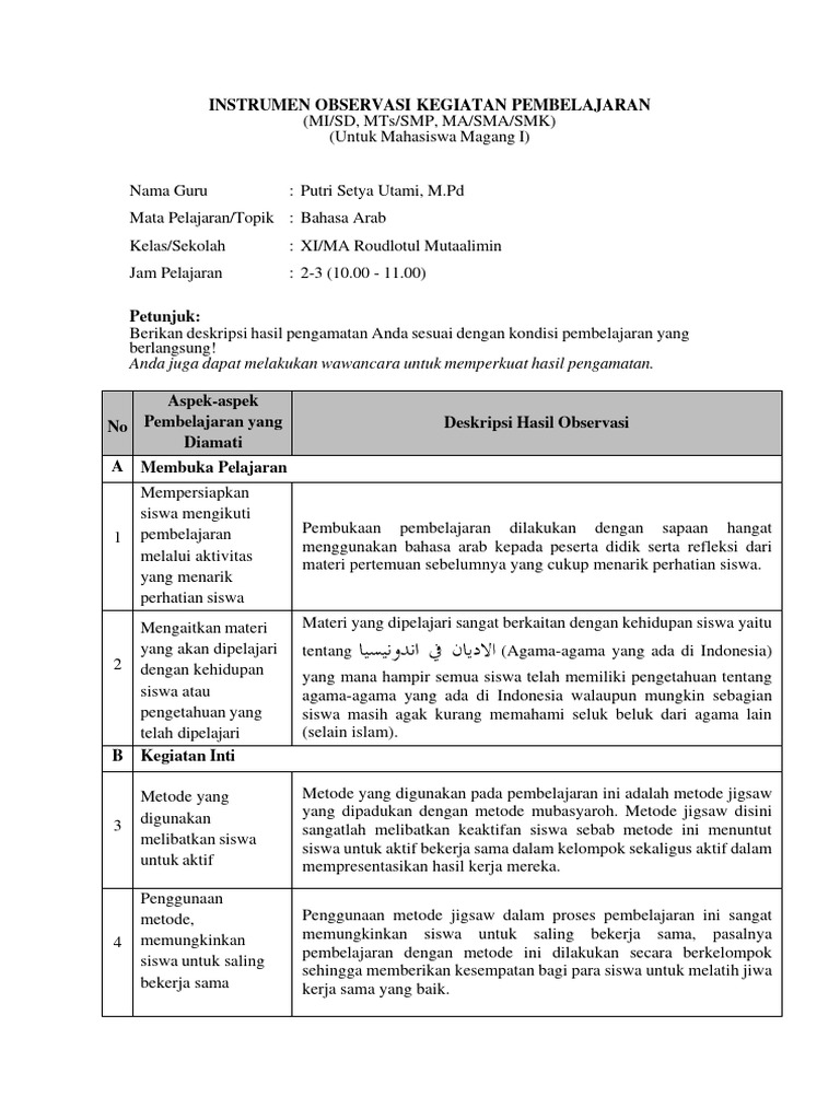 Instrumen Observasi Kegiatan Pembelajaran | PDF | Seni & Disiplin Bahasa | Sains & Matematika