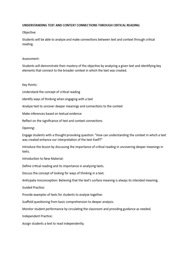 Eee Understanding Text and Context Connections Through Critical Reading ...