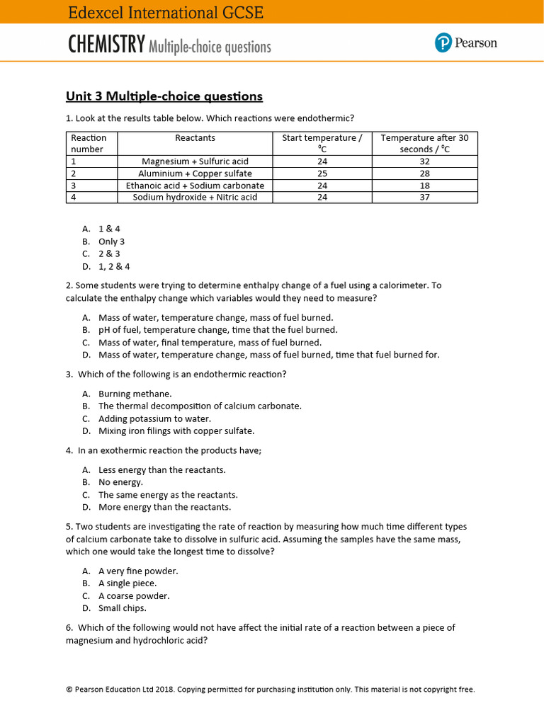 Igcse Doubleaward Chem MCQ Unit3 | PDF | Chemical Reactions | Gases