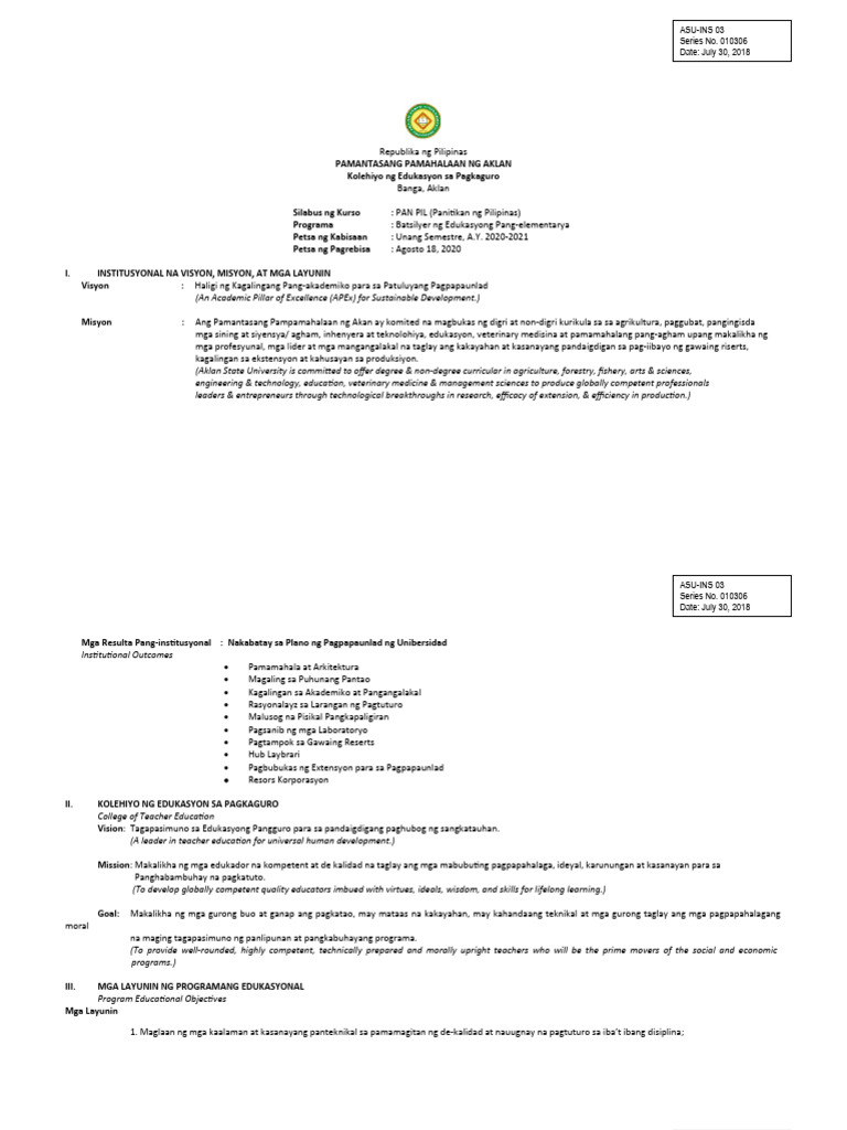 1 Pan Pil Syllabus Elementary | PDF