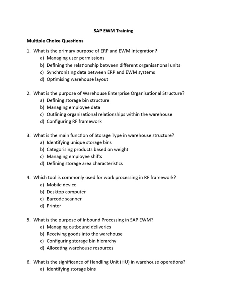 SAP EWM Certification Practice Questions | PDF | Warehouse | Enterprise ...