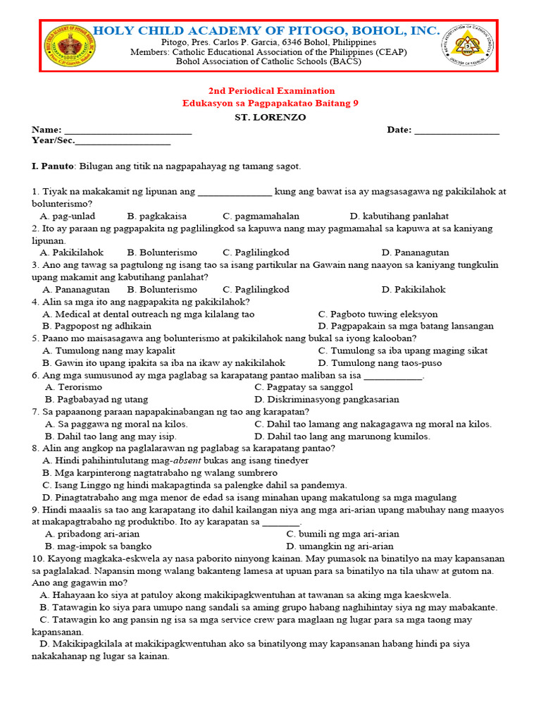 ESP 9 2nd Periodical Exam | PDF