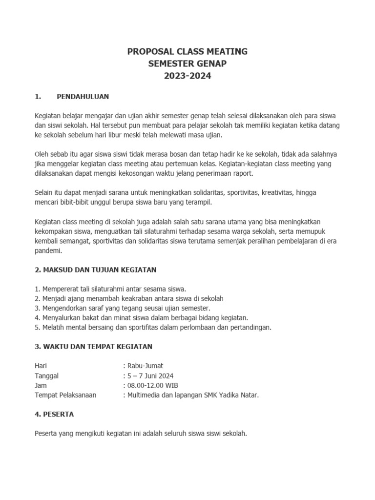 Proposal Kegiatan Class Meeting 2024 | PDF