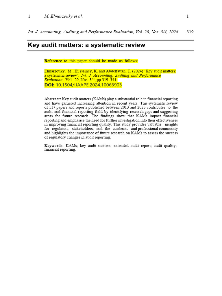 Key Audit Matters: A Systematic Review: DOI: 10.1504/IJAAPE.2024.10063903 | PDF | Audit ...