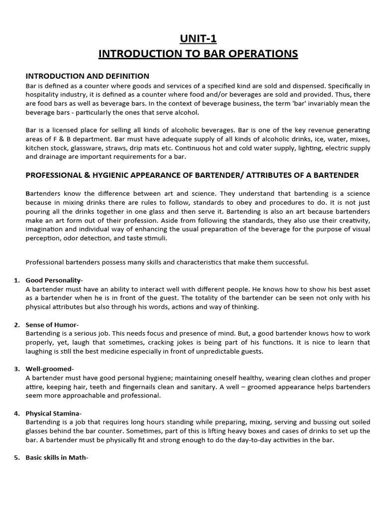 Introduction To Bar Operations | PDF | Bar (Establishment) | Bartender