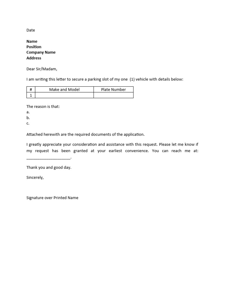 Request Letter For Parking Slot | PDF Request Letter For Parking Slot | PDF
