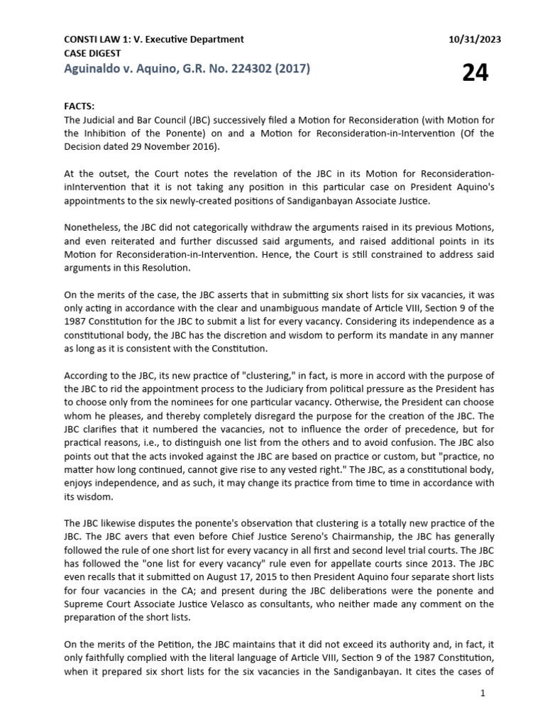 JBC Clustering Case: Aguinaldo v. Aquino | PDF | Presidents Of The ...