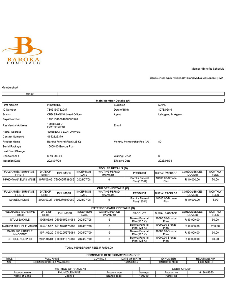 Baroka Funeral Plan Membership Details | PDF | Life Insurance | Insurance