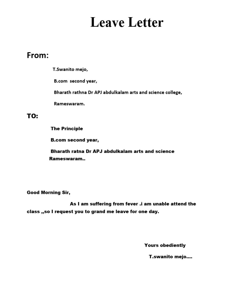 One-Day Leave Request Letter | PDF