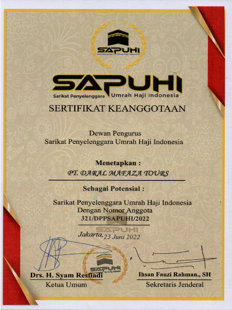 SERTIFIKAT SAPUHI PT DARAL MAFAA TOURS | PDF