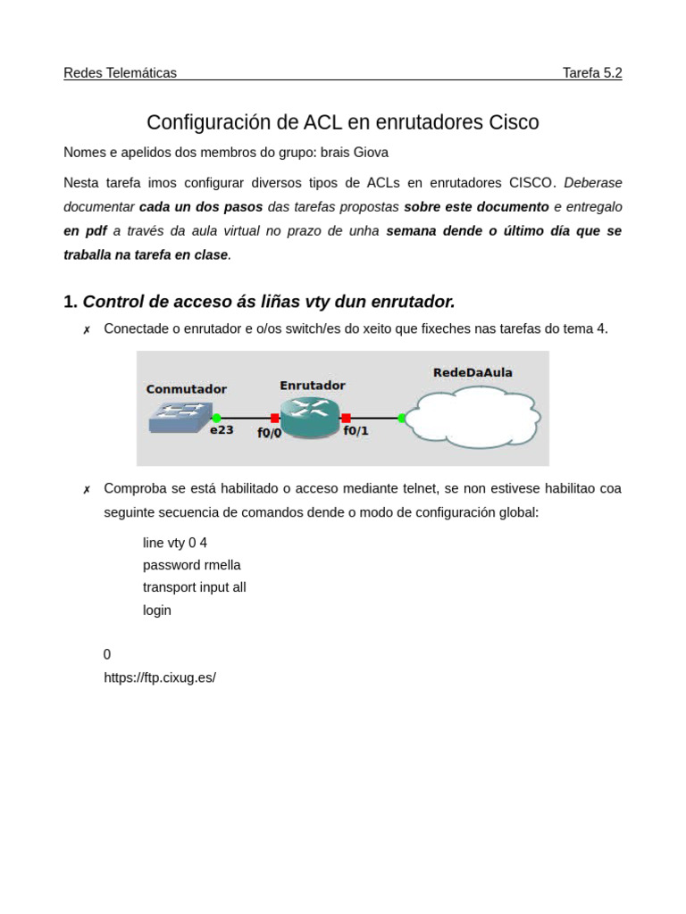 Configuración de ACL en Enrutadores Cisco: 1. Control de Acceso Ás Liñas Vty Dun Enrutador | PDF