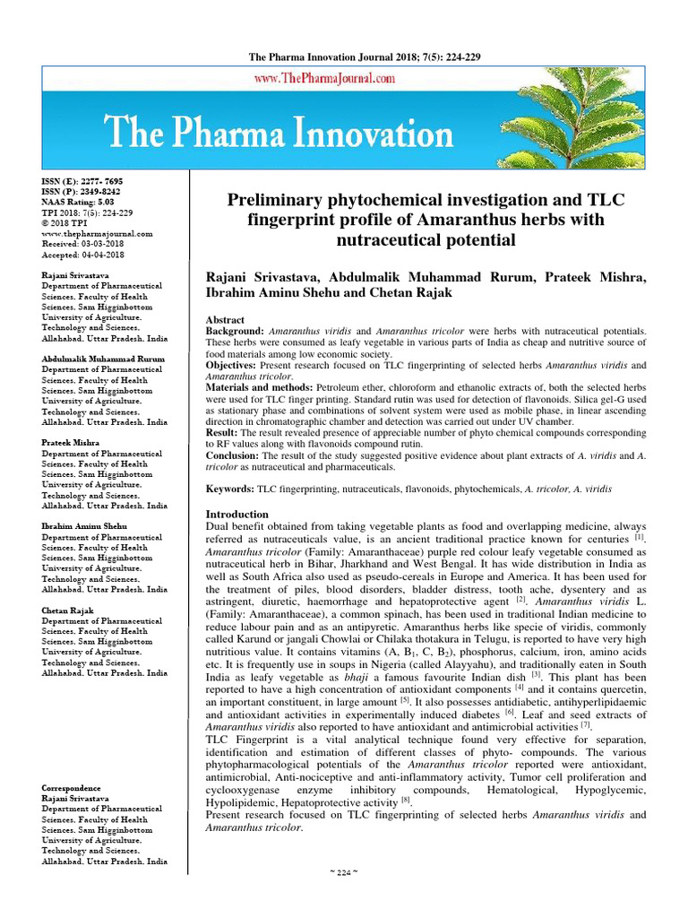Preliminary phytochemical investigation and TLC fingerprint profile of Amaranthus herbs with ...