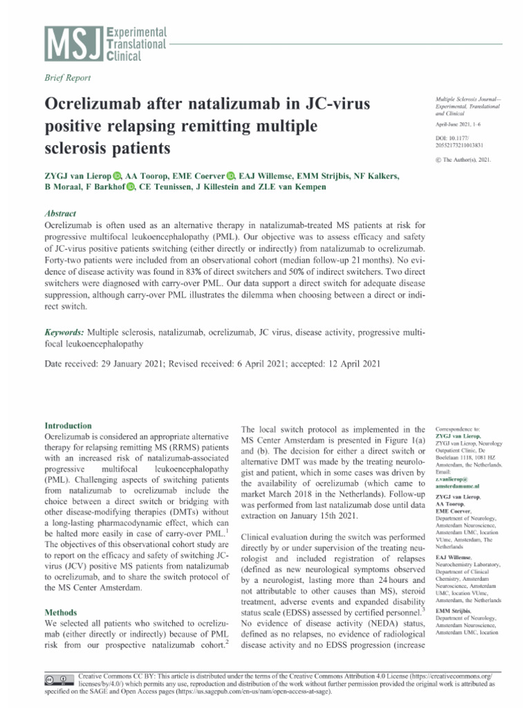 Ocrelizumab after natalizumab in JC-virus positive relapsing remitting multiple sclerosis ...