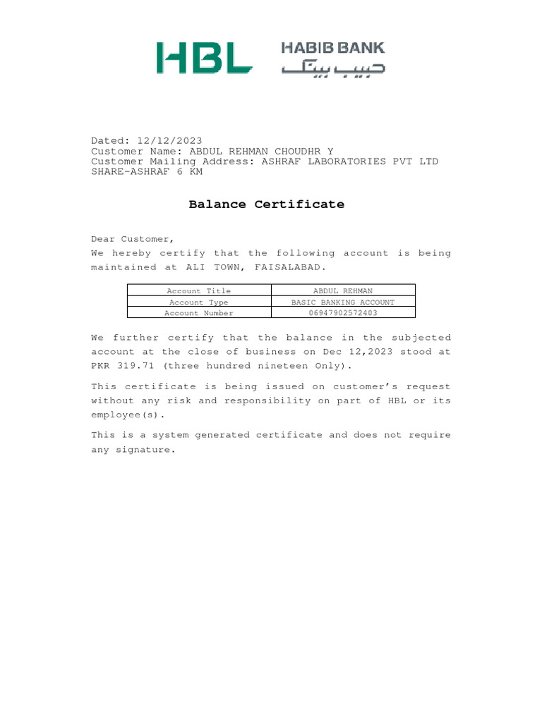 Banking Balance Confirmation | PDF