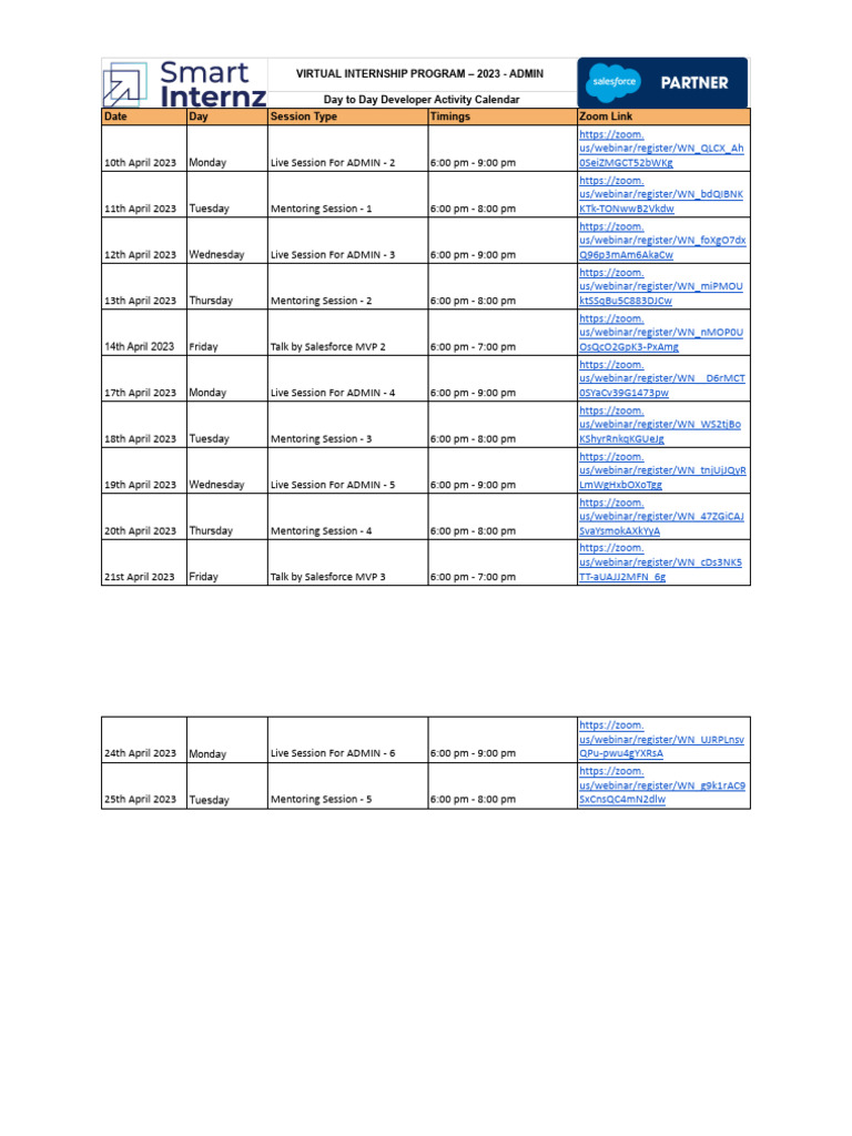 Training Calendar - SFVIP Cohort 1 (Admin) - Sheet1 | PDF