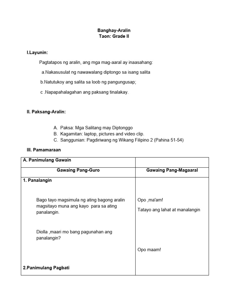 Diptonggo Filipino Lesson Plan | PDF