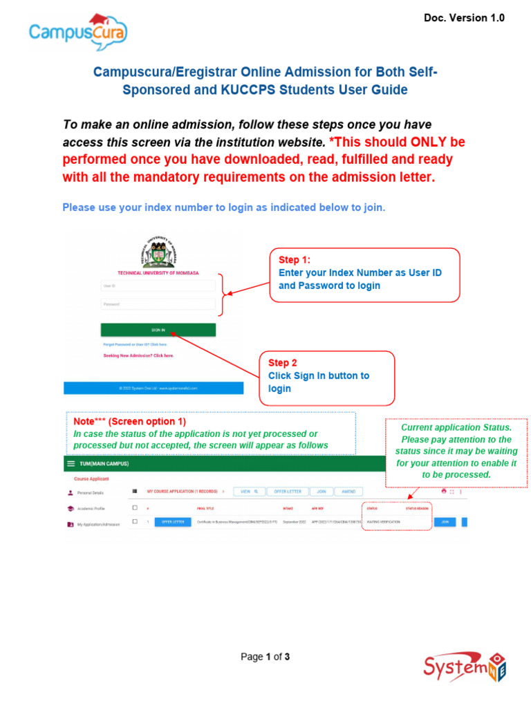 Online Admission For Both Self Sponsored KUCCPS Students Guide | PDF | Login | Software