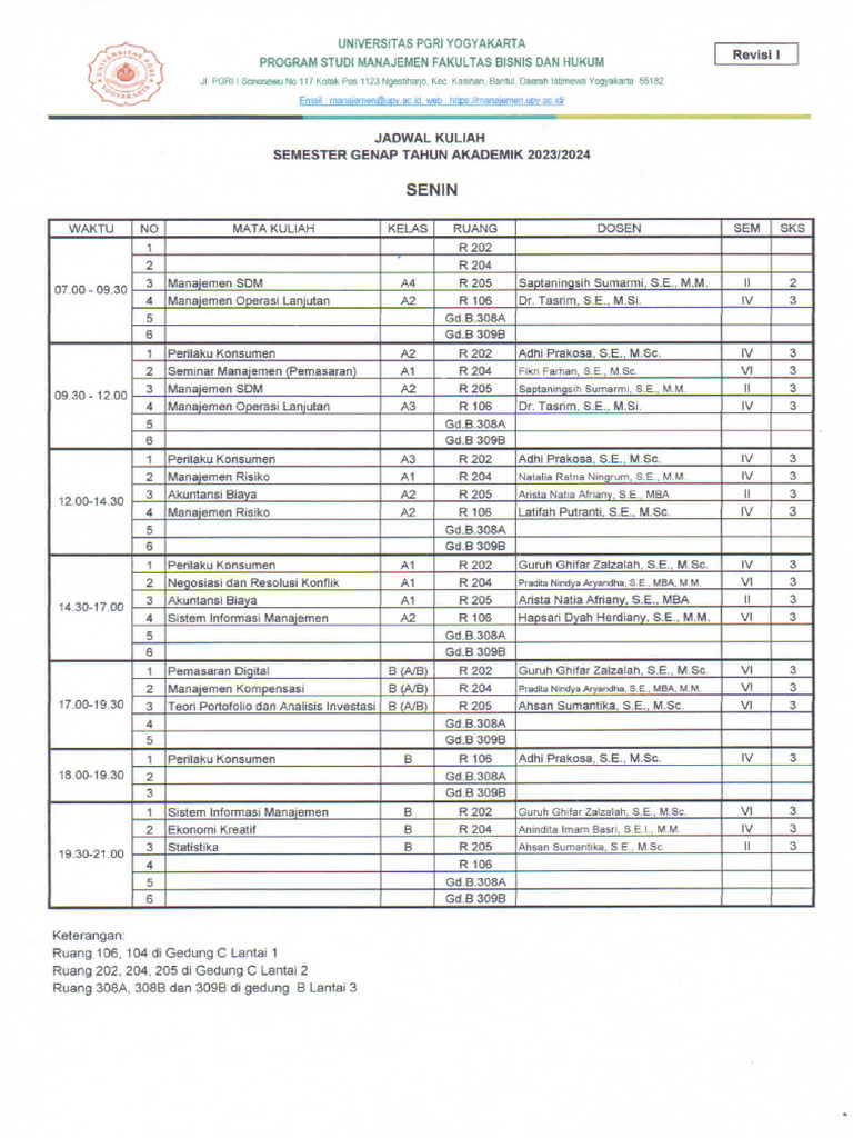 Jadwal Kuliah Semester Genap 2023 2024 Revisi | PDF
