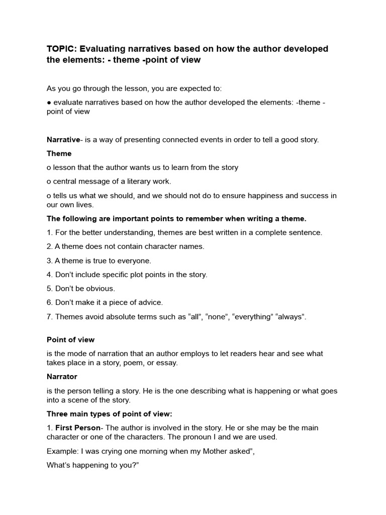 TOPIC Evaluating Narratives Based On How The Author Developed The ...