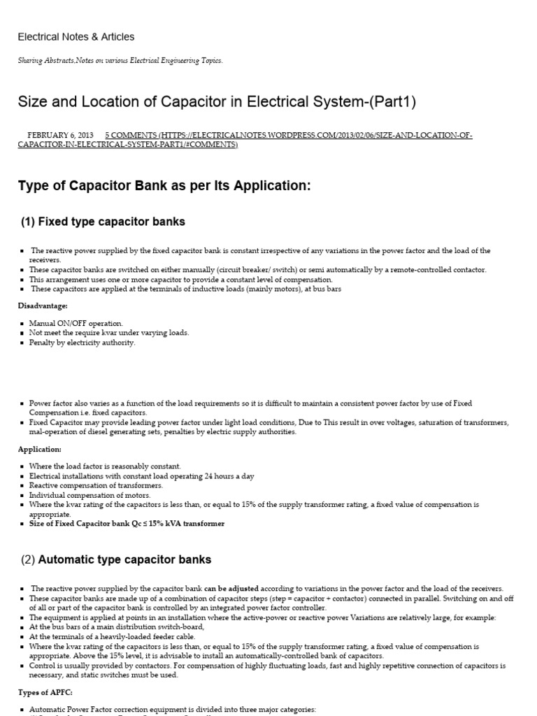 Size and Location of Capacitor in Electrical System - (Part1 ...