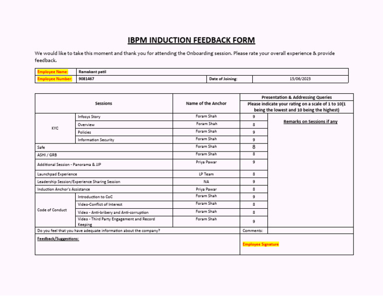 Induction Feedback Form | PDF