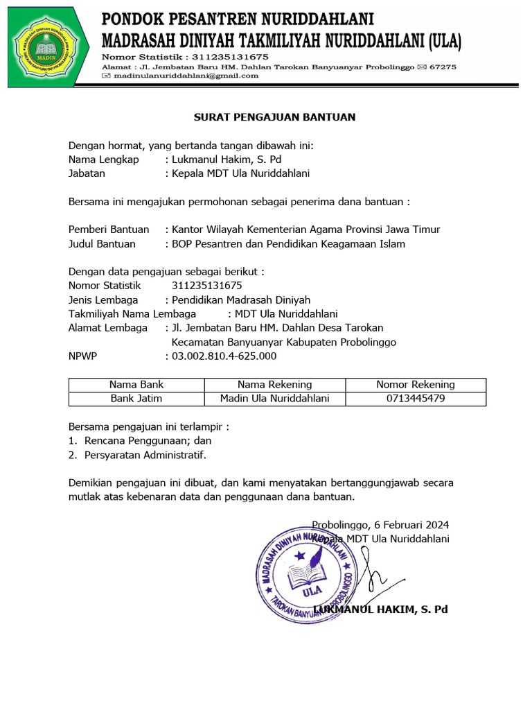 Contoh Surat Permohonan-Bantuan-Bop-2024 | PDF