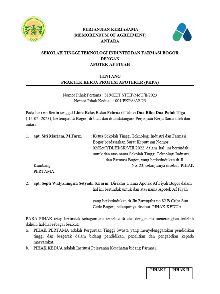 MOU PKPA Apotek Af Fiyah | PDF