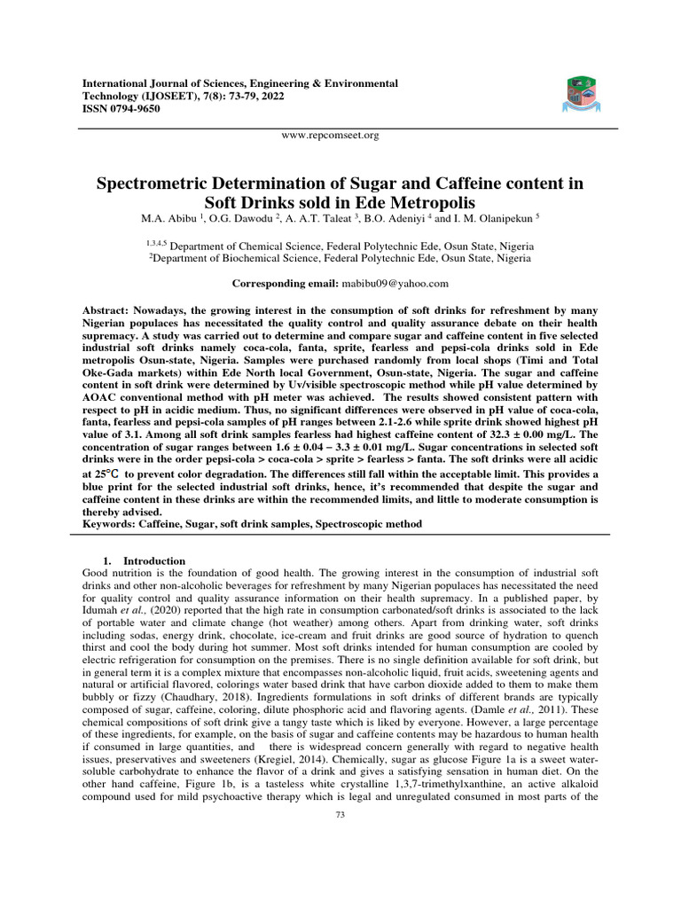 Abibu Et Al Spectrometric Determination of Sugar and Caffeine Content ...