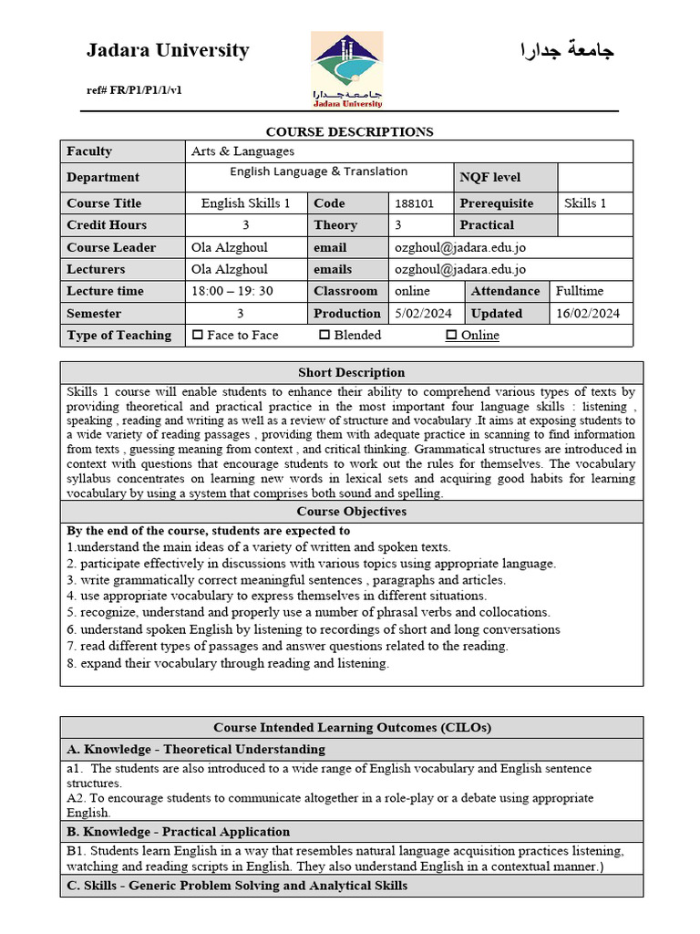 Courses Description Skills 1 | PDF | Vocabulary | Plagiarism