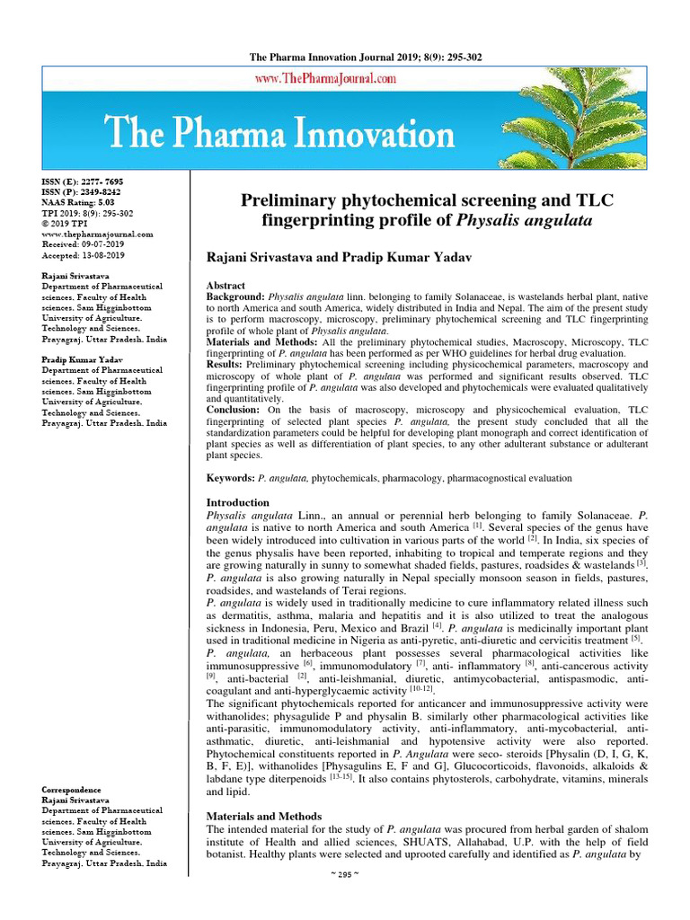Preliminary phytochemical screening and TLC fingerprinting profile of Physalis angulata ...