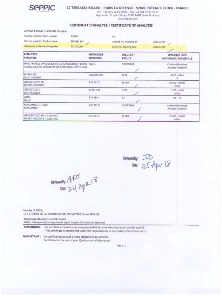 COA Sepigel 305 | PDF