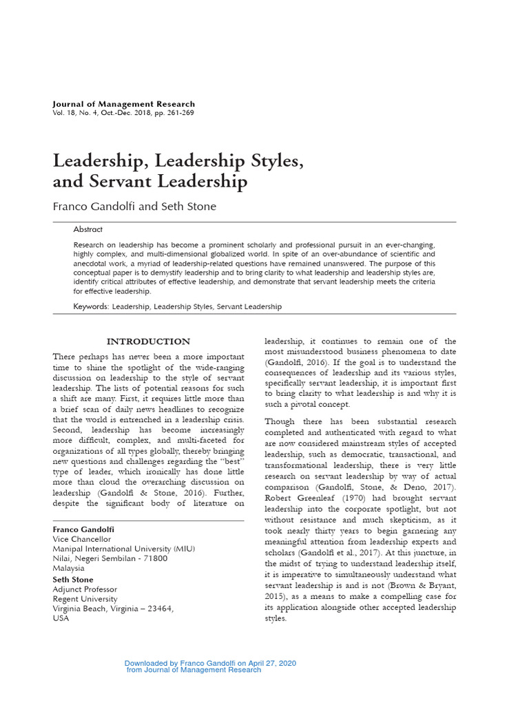 Gandolfi2018 Leadership-Leadership-Styles-and-Servant-Leadership | PDF ...