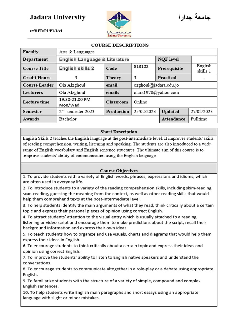Courses Description Skills 2nd Semester 2021 | PDF | English Language ...