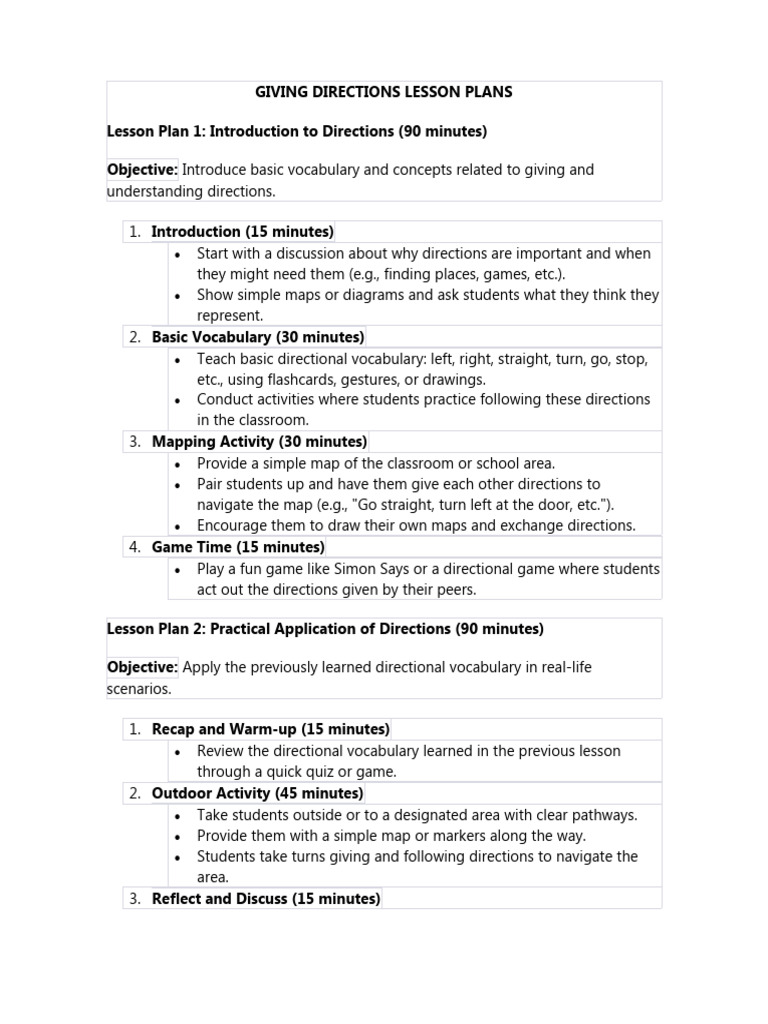 Giving Directions Lesson Plans | PDF | Lesson Plan | Vocabulary