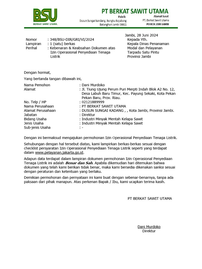 Draf Surat Permohonan PT. BSU | PDF