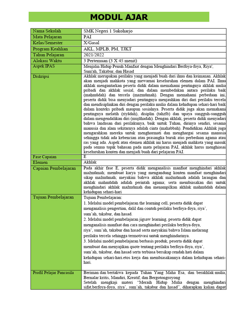 MODUL AJAR PAI Bab | PDF