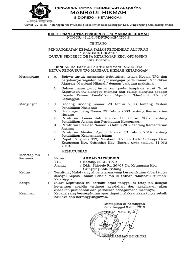 SK Kepala TPQ Dan Foto | PDF