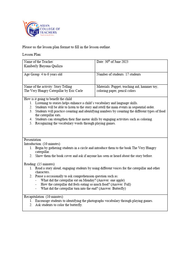 Very Hungry Caterpillar Lesson Plan | PDF