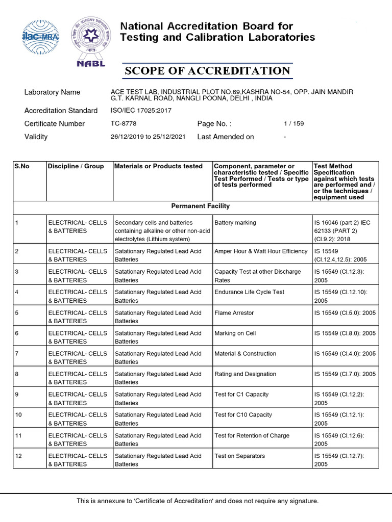 Ace Test Lab - Scope | PDF | Rechargeable Battery | Galvanic Cells