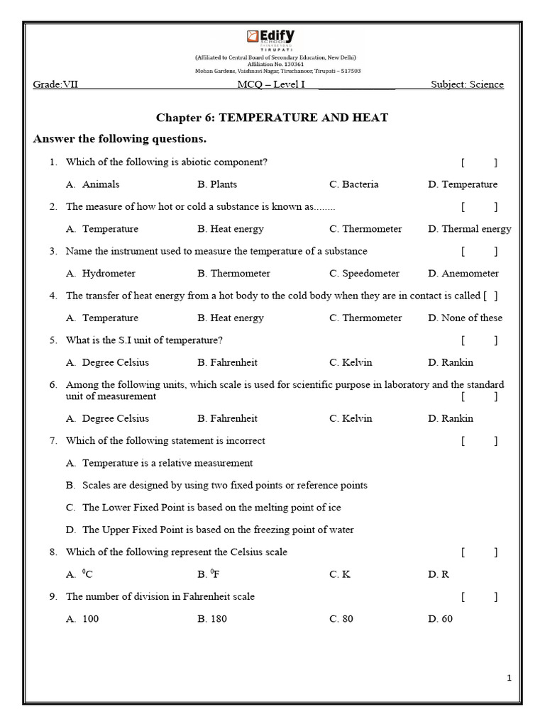 Chapter 6 - MCQ Level 1 | PDF | Temperature | Fahrenheit
