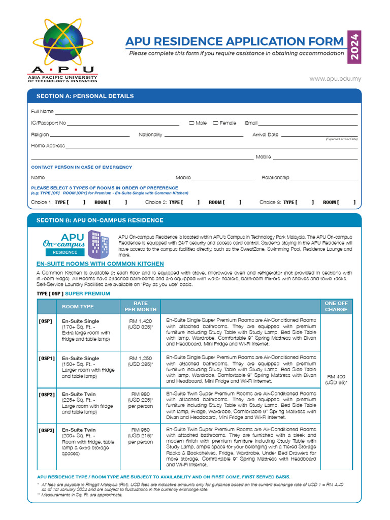 E2024mar Apu Accommodation Forms | PDF | Bathroom | Fee