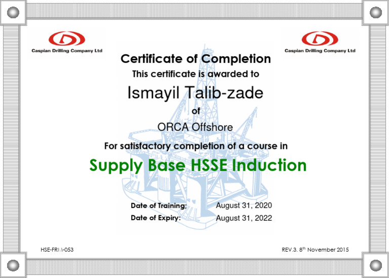 Supply Base HSSE Induction Certificate | PDF
