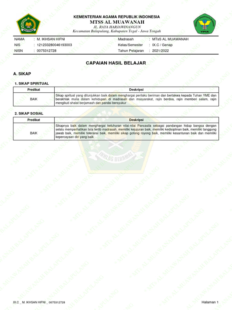 Rapor IX.C - M. IKHSAN HIFNI - 0075312728 | PDF