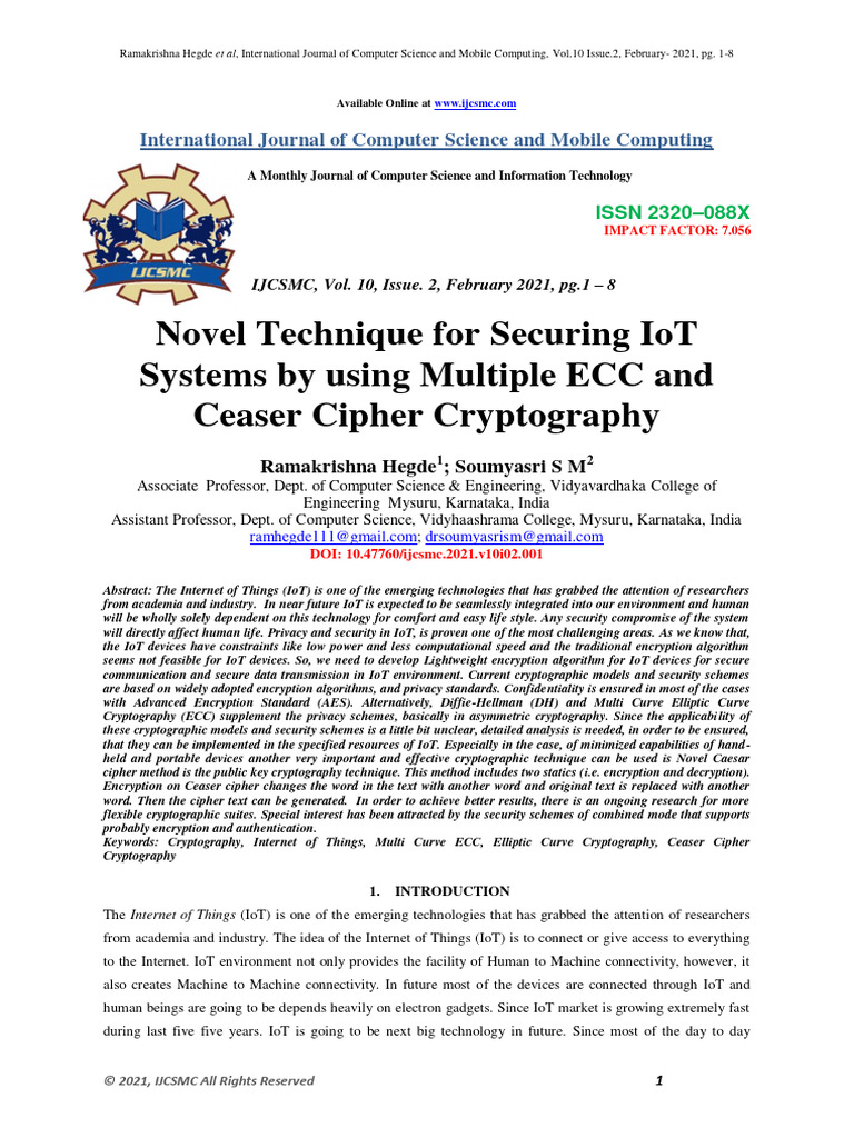 Novel Technique For Securing IoT Systems by Using Multiple ECC and ... Novel Technique For Securing IoT Systems by Using Multiple ECC and ...