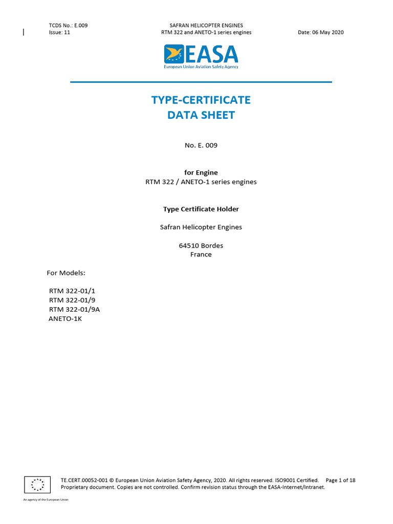 Easa e 009 Tcds RTM 322 - Data Sheet | PDF | Engines | Mechanical ...