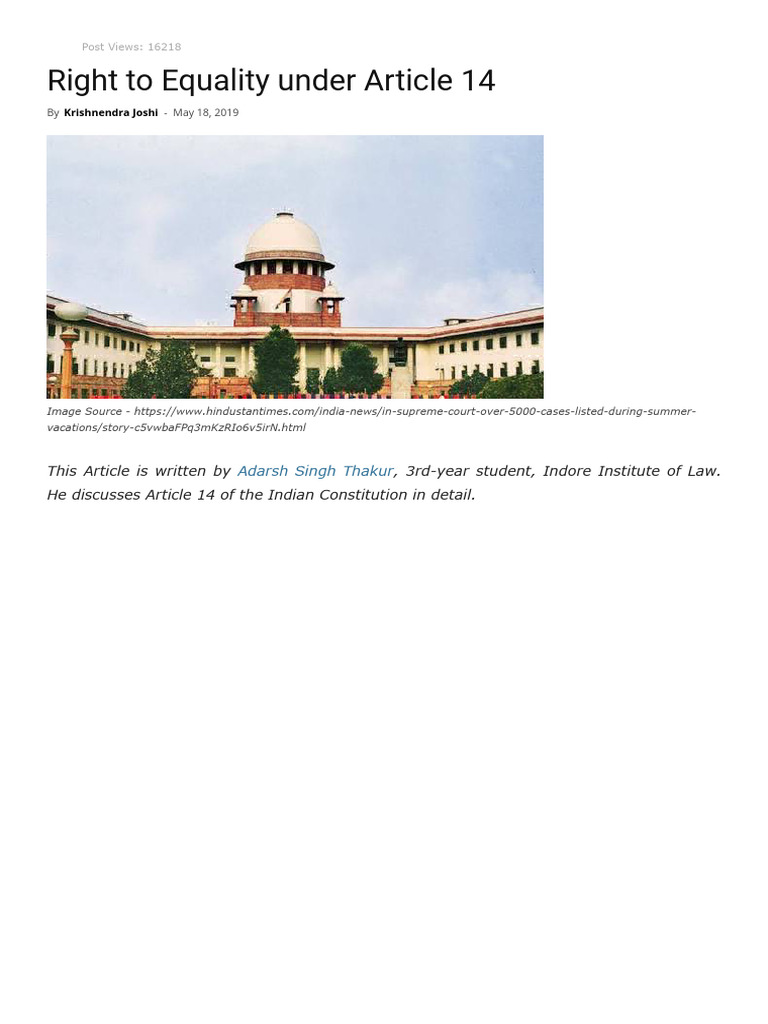 Right To Equality Under Article 14 Pdf Equal Protection Clause