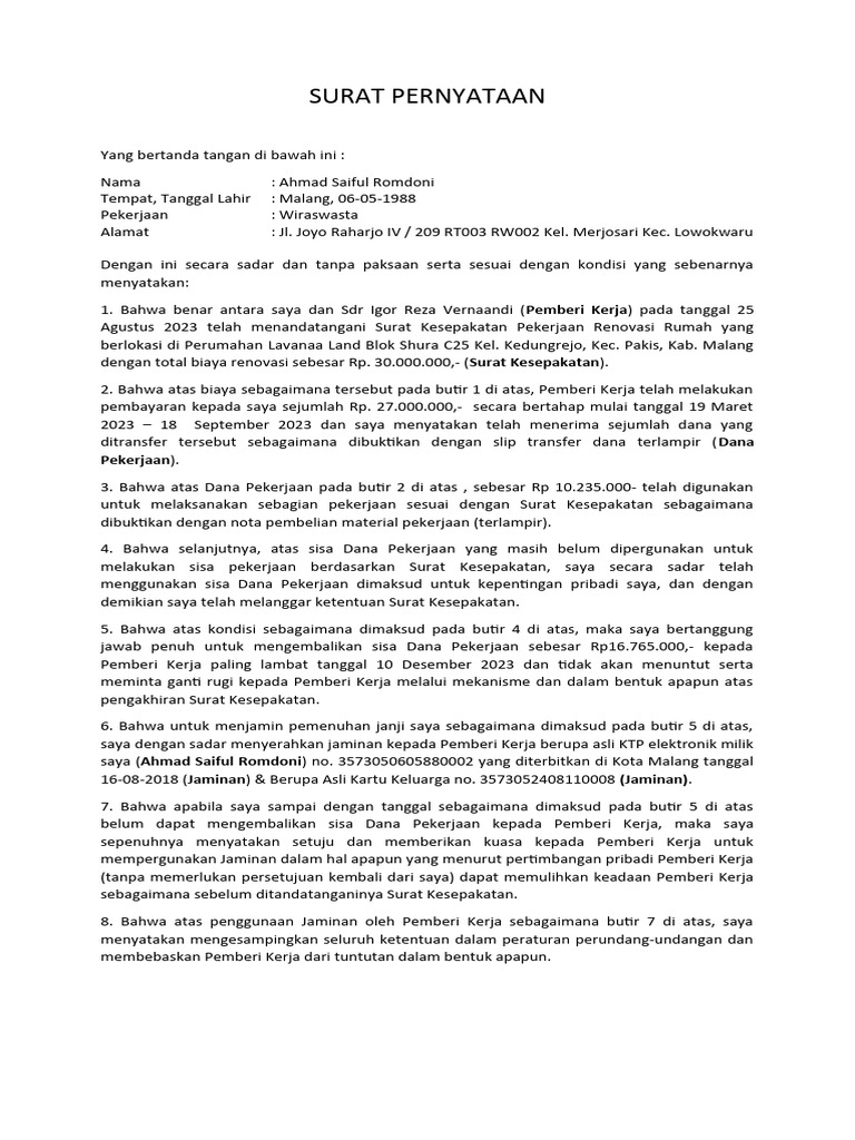 Surat Pernyataan Terbaru Ahmad Saiful Romdoni | PDF | Hukum