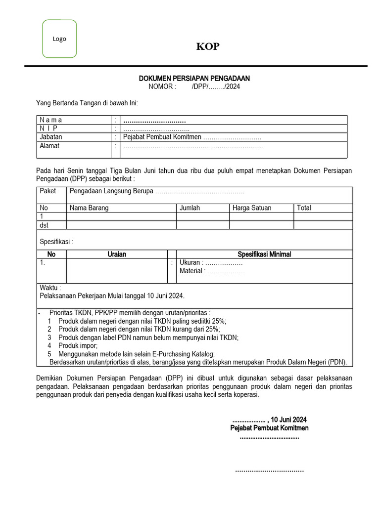 Format Dokumen Persiapan Pengadaan/DPP | PDF