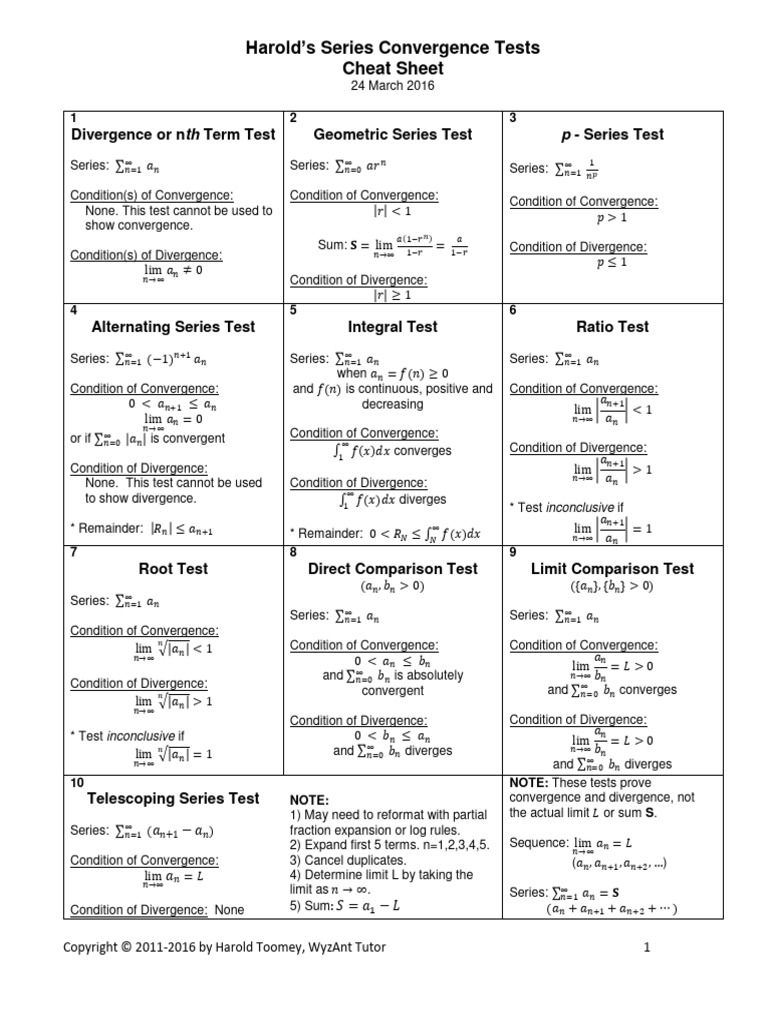 Harolds Series Convergence Tests Cheat Sheet 2016 | PDF | Mathematical ...