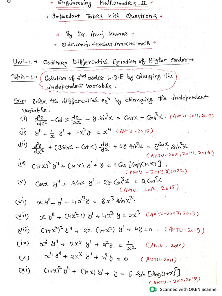Eng. Math-2 Unit-1 To 5 (Impoartant Questions Topicwise) | PDF